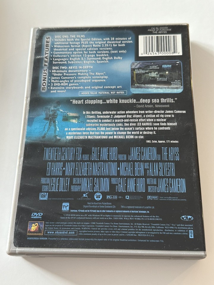 The Abyss (DVD, 2000, 2-Disc Set, Special Edition) James Cameron ...
