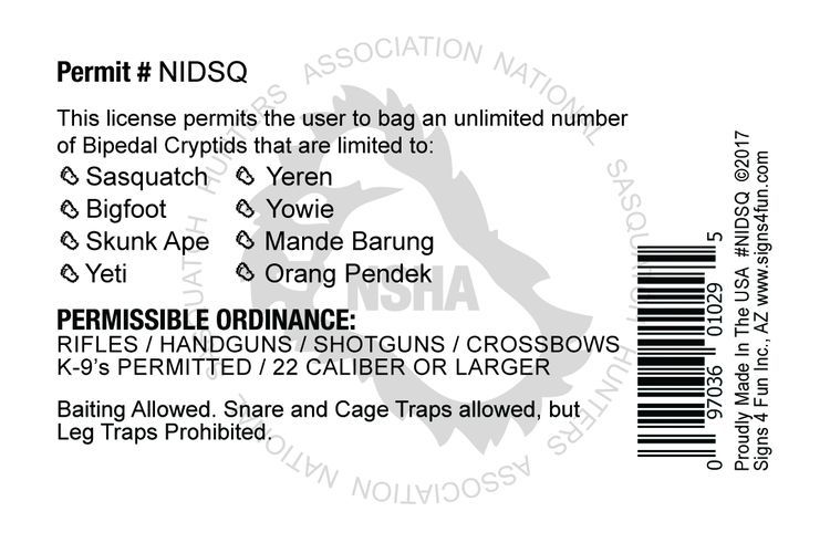 SASQUATCH Hunting Permit Identification I - for fans of X-Files fun ...