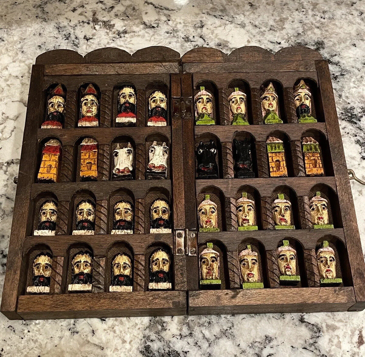 Vintage Hand Carved And Hand Painted Colonial Style Chess Set Folk Art ...