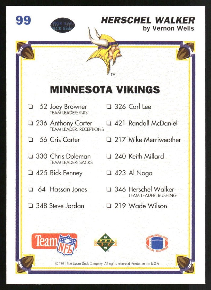 1991 Upper Deck Herschel Walker #99 Minnesota Vikings | eBay