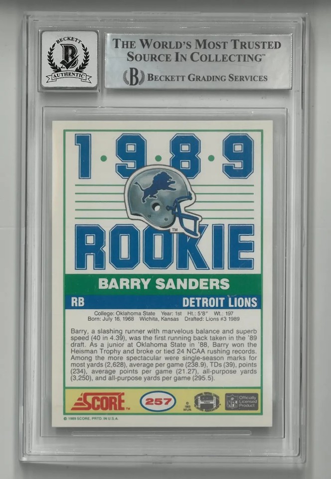Barry Sanders Autographed 1989 Score Rookie Card BAS 10 Auto | eBay
