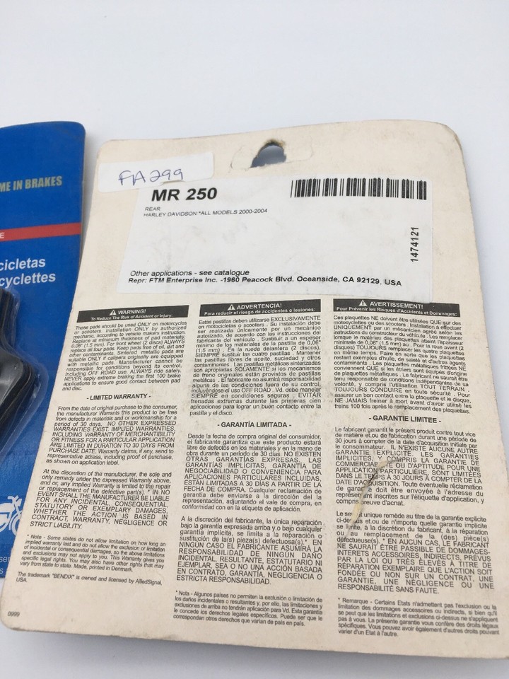 Bendix MR 250 Motorcycle Brake Pads 2 Sets Harley Davidson All 2000 ...