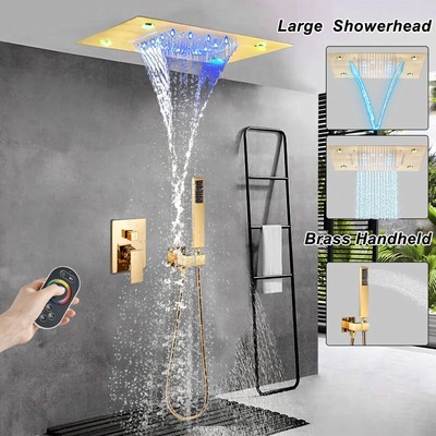 LED 14×20'' Shower Faucet Set Rain&Waterfall Shower Head Combo Mixer W ...