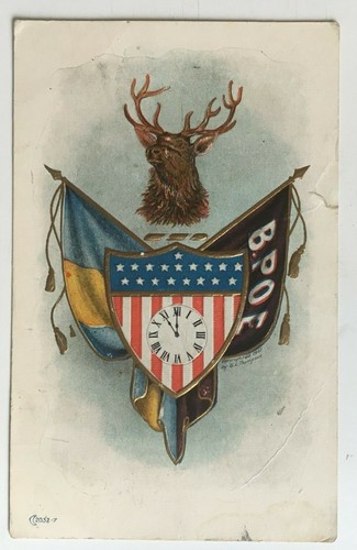 1907 Postcard BPOE Elks Fraternal group Elk antlers flags embossed ...