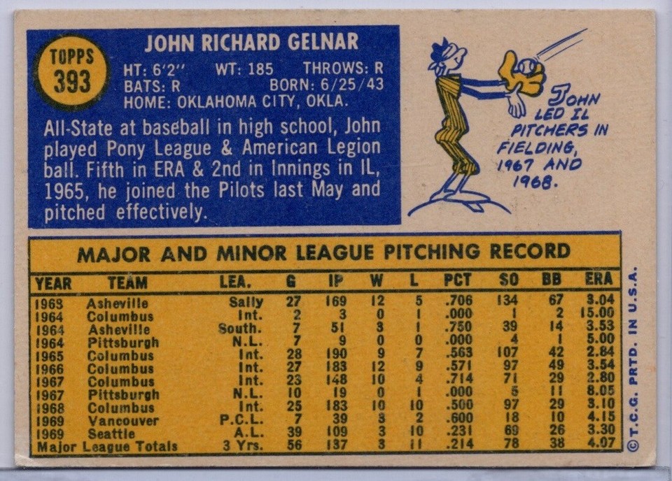 1970 Topps #393 John Gelnar in EX Condition Pilots | eBay