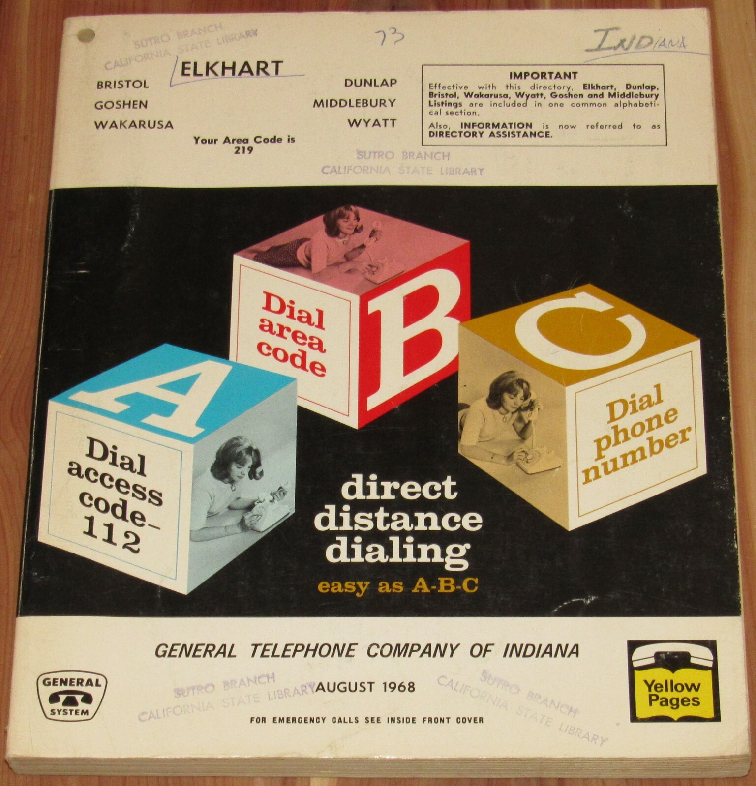 1968 INDIANA TELEPHONE DIRECTORY, AREA CODE 219, ELKHART, BRISTOL ...