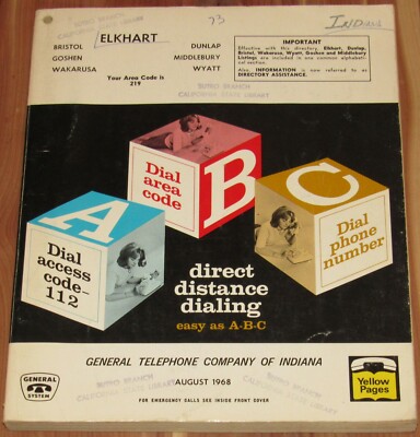 1968 INDIANA TELEPHONE DIRECTORY, AREA CODE 219, ELKHART, BRISTOL ...