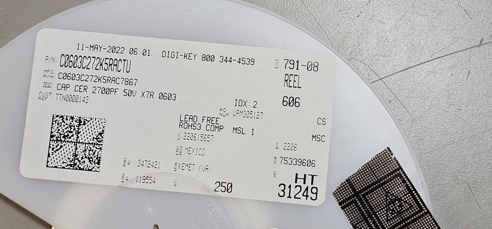 250PCS C0603C272K5RACTU, KEMET, CAP CER 2700PF 50V X7R 0603, ROHS | eBay UK