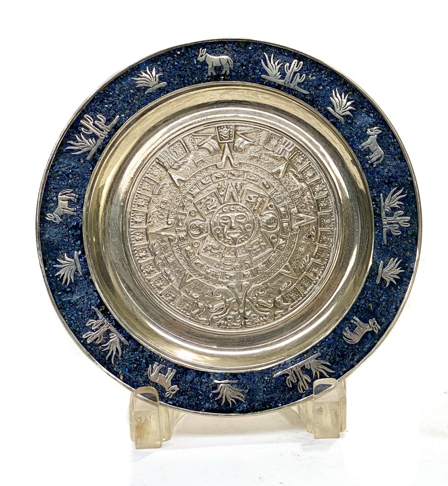 Pair Mexico Alpaca Metal and Lapis Stone Aztec Calendar Round Plates | eBay