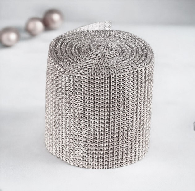 4.75" x 10 yards Silver DIAMOND MESH WRAP ROLL RHINESTONE BLING RIBBON ...