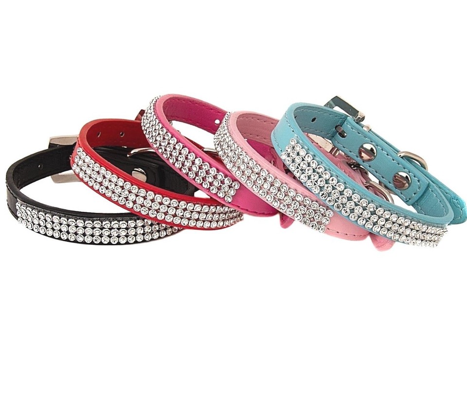 RED Rhinestone Diamond Dog Collar Leather Diamante Dog Puppy Cat Kitten ...