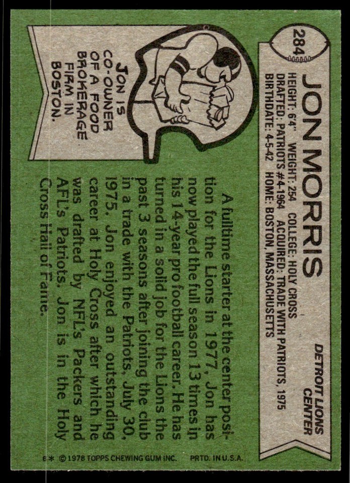 1978 TOPPS JON MORRIS B DETROIT LIONS #284 | eBay