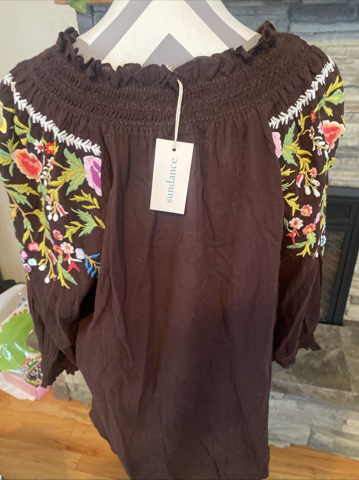 NEW Sundance Amora Blooms Bird Floral Embroidered Boho Top Cotton Brown ...
