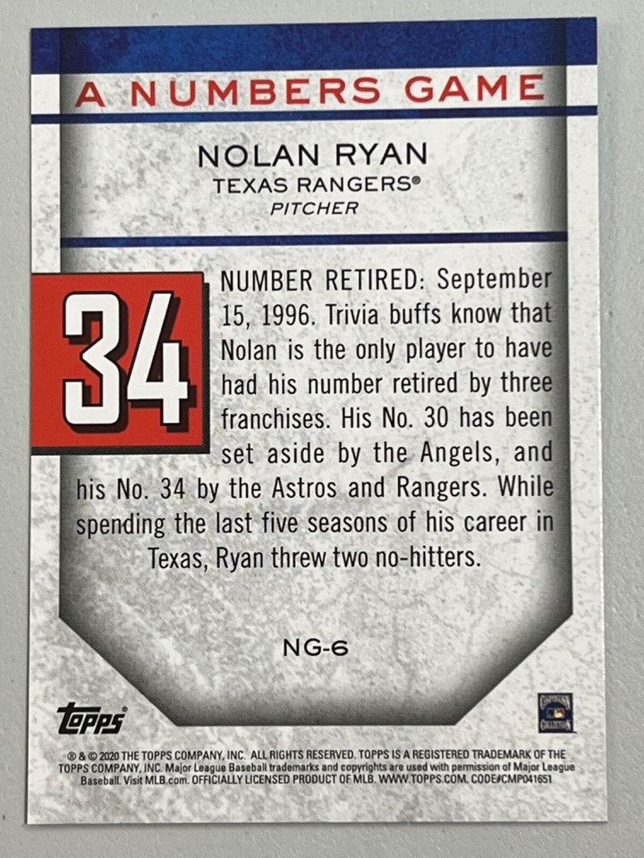 Nolan Ryan 2020 Topps A Numbers Game #34 Insert #NG-6 Texas Rangers | eBay