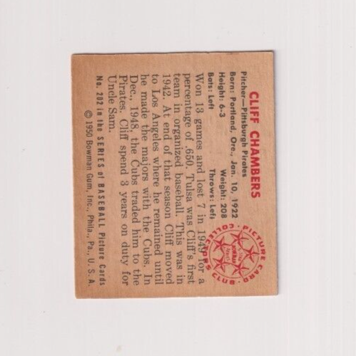 CLIFF CHAMBERS 1950 BOWMAN BASEBALL VINTAGE ROOKIE CARD #202 PITTSBURGH ...