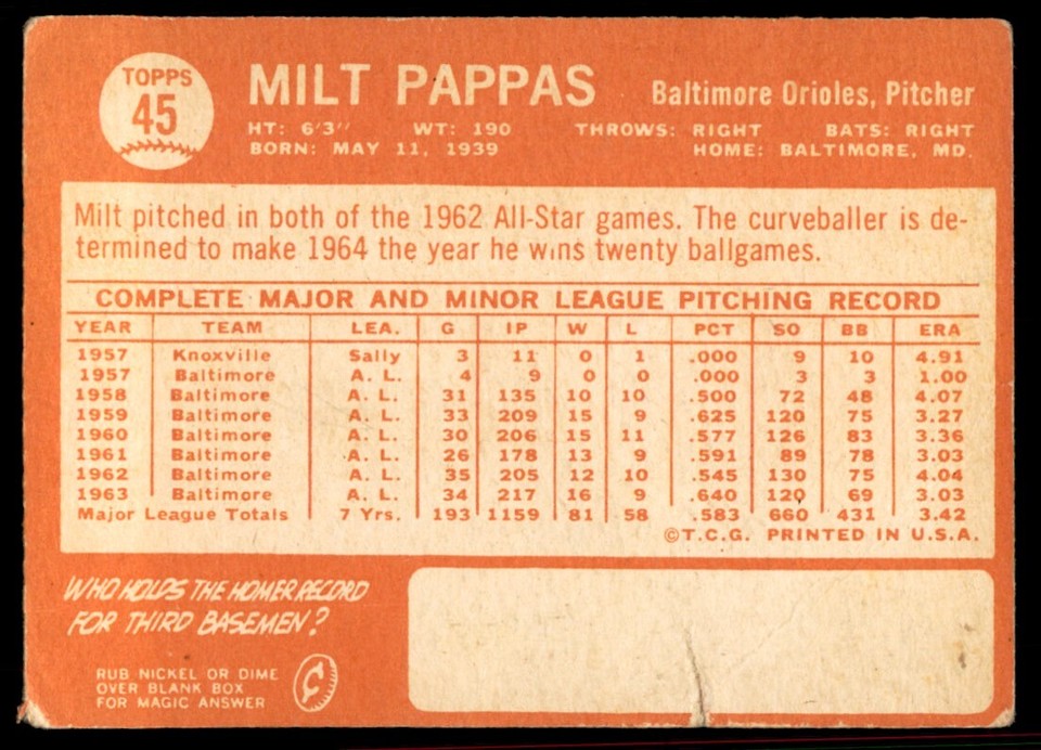 1964 Topps Baseball Card Milt Pappas AA Baltimore Orioles #45 | eBay
