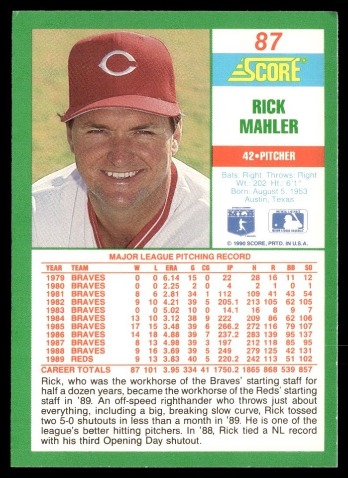 1990 Score Rick Mahler Cincinnati Reds #87 | eBay