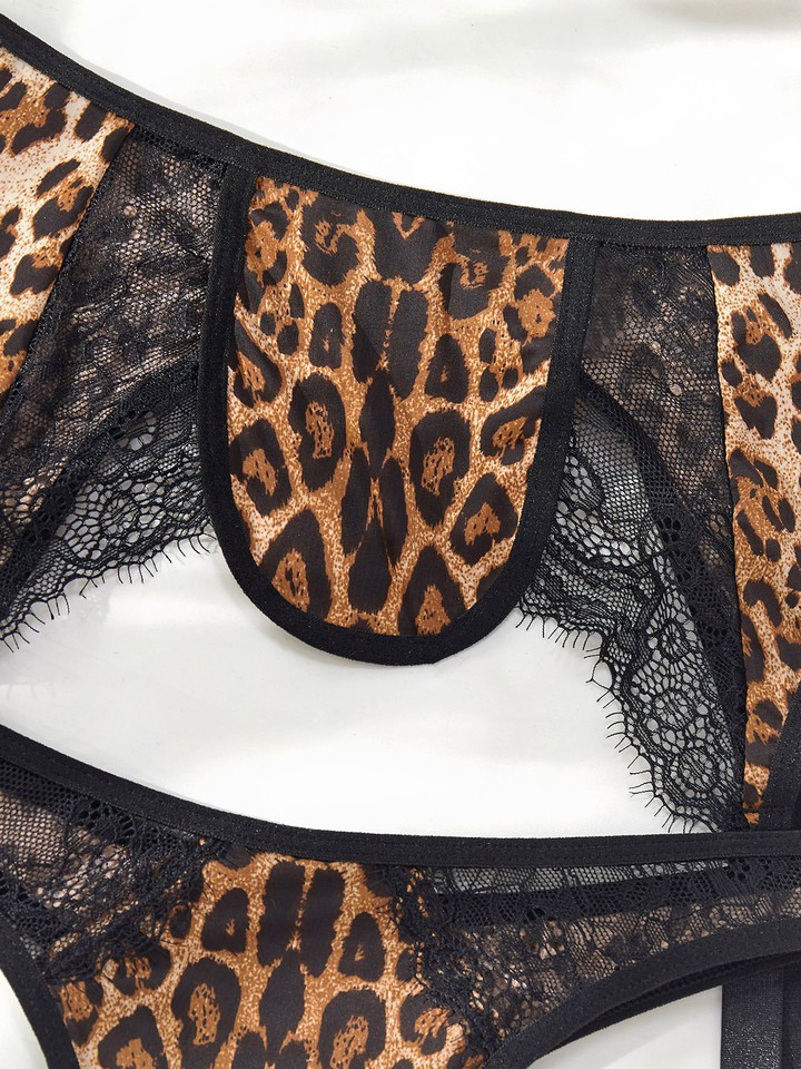 Luxallacki Leopard Lace Mesh Spliced Bra Garter Thong Lingerie Pajamas ...