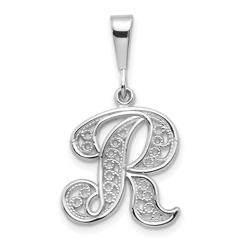 14k White Gold Filigree Design Cursive Style Letter R Initial Pendant ...
