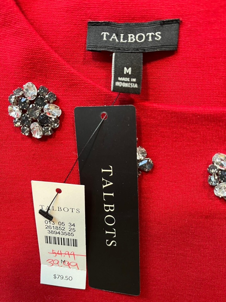 New! Talbots M Red Jeweled Rhinestone Blouse Top Short Sleeve Back Zip Holiday | eBay