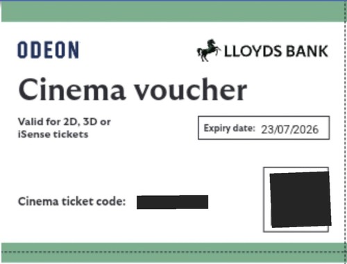 club lloyds odeon cinema tickets 2D, 3D, iSENSE including LUXE, valid ...