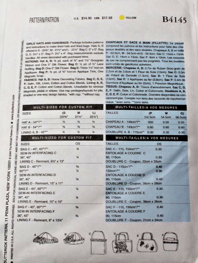 Butterick 4145 GIRLS Purses & Hats Sewing Pattern S 20-1/4" M 21-1/2" L ...