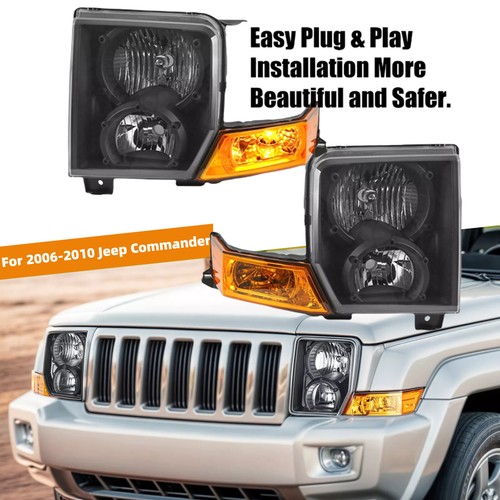 For Jeep Commander 06-10 Headlight Lamps Pair Black Housing Amber Lens ...