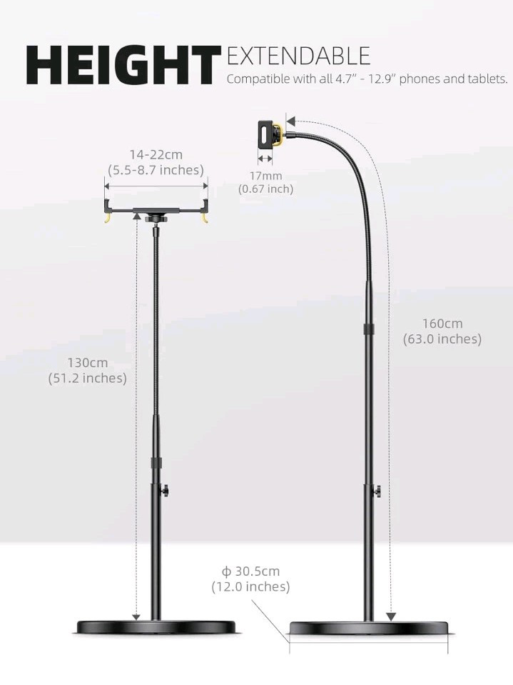 Lamicall FT01 Black Portable Adjustable Heavy Duty Tablet Floor Stand 5 ...