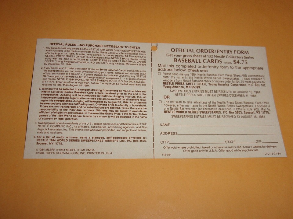 1984 Nestle Crunch Baseball Card Press Sheet Official Order/Entry Form ...