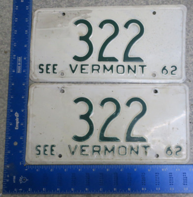 1962 62 VERMONT VT LICENSE PLATE TAG PAIR SET LOW NUMBER 3 DIGIT #322 ...