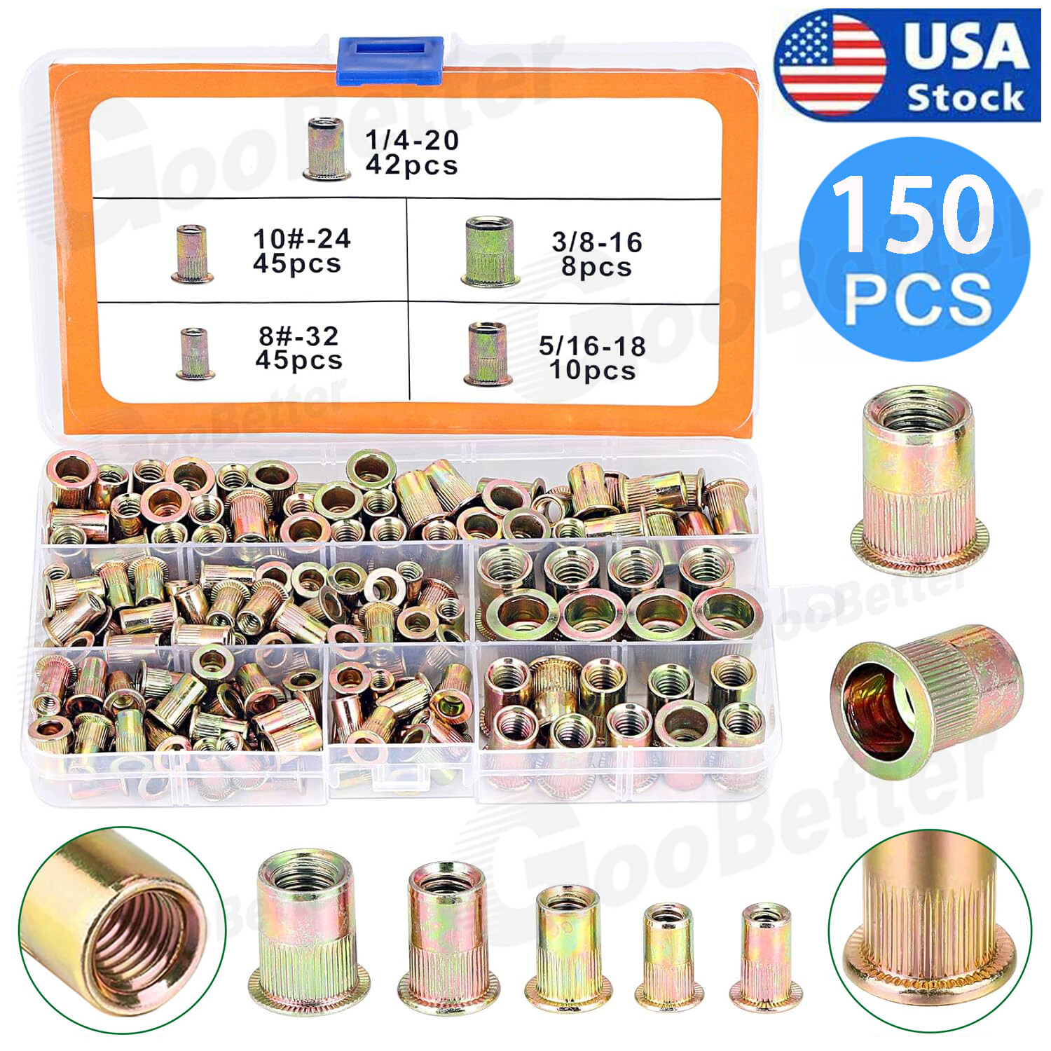 150pcs Rivet Nut Kit Rivnut Nutsert Set #8-32 #10-24 1/4-20 5/16-18 3/8 ...