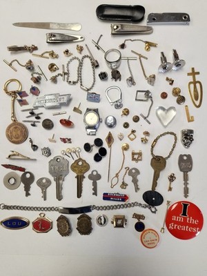 Vintage Junk Drawer Lot Keys Pins Id Bracelet Cufflinks Tie Clips ...
