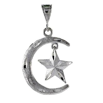 Sterling Silver Crescent Moon & Dangling Star Large Pendant, Italian ...