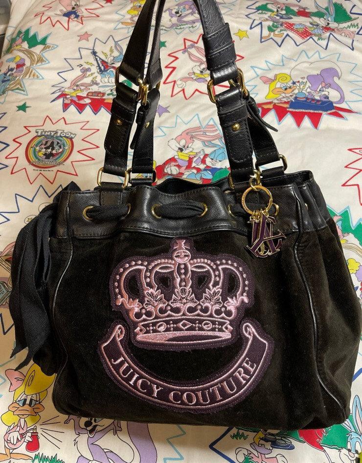 Vtg Juicy Couture Y2K Daydreamer crown Black velour bag Pink Embroidery Tote Bag | eBay