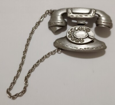 Vintage JJ Telephone Brooch Rotary Dial Phone Pewter and Rhinestone Pin ...