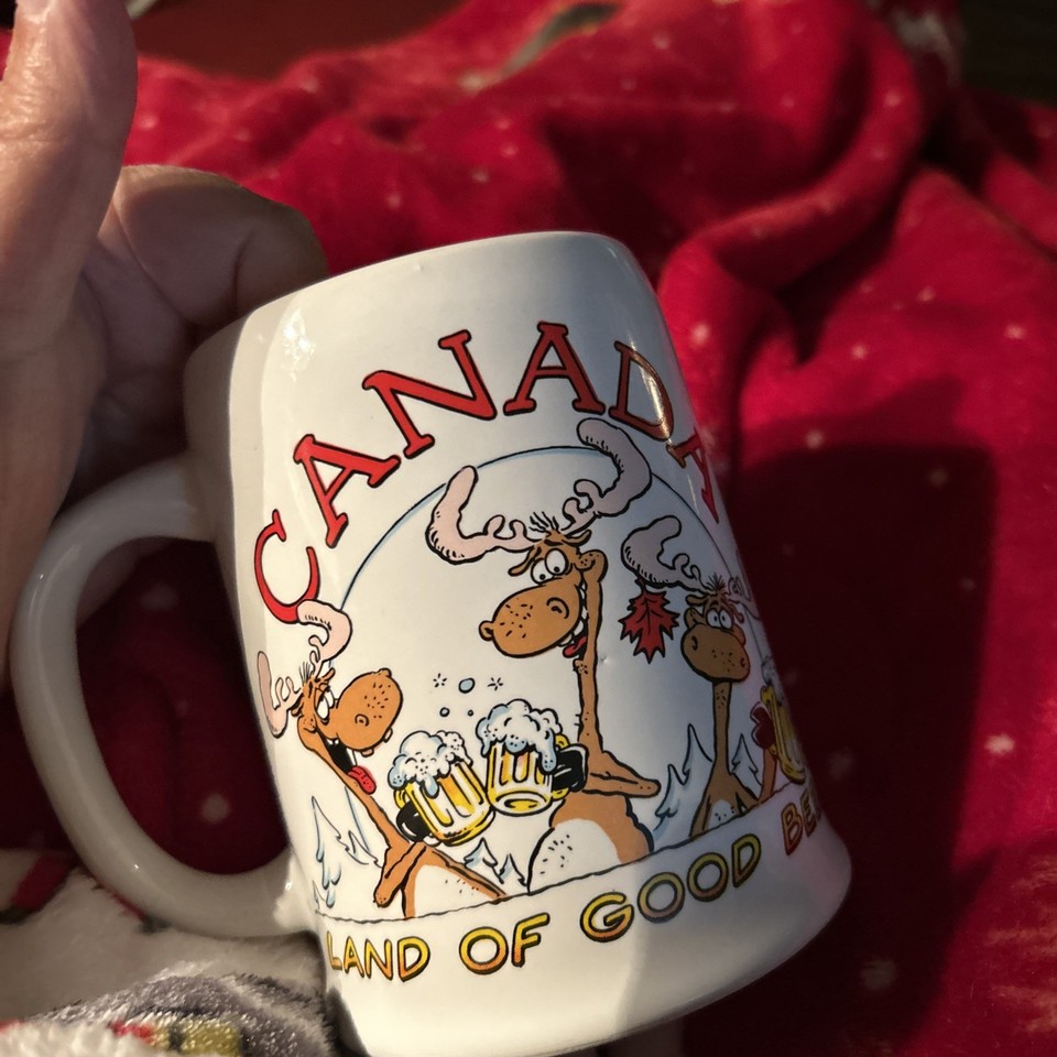 Vtg CANADA "Land of Good Beer" Cartoon Moose Mug Far Sketched Giftcraft | eBay