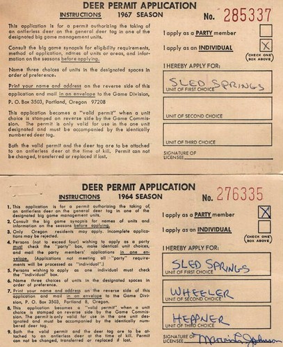 1964 & 1967 Deer Permit Applications Sled Springs Oregon Cards ...