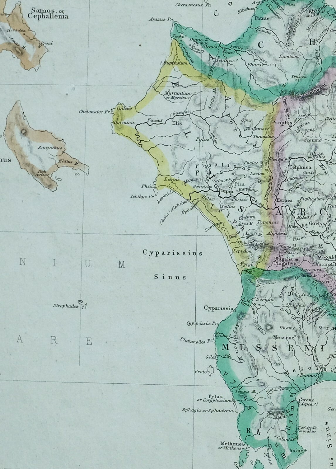 1856 ANCIENT MAP PELOPONNESUS ATTICA MESSENIA LACONIA ARCADIA ARGOLIS ...