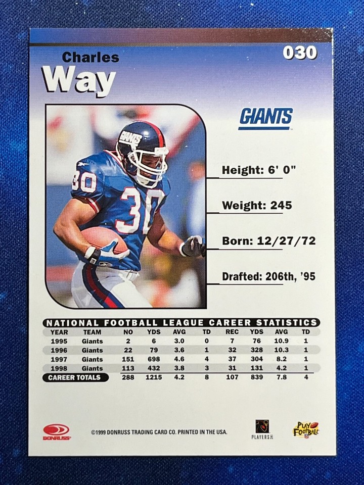 1999 Donruss Elite Football #30 Charles Way New York Giants | eBay