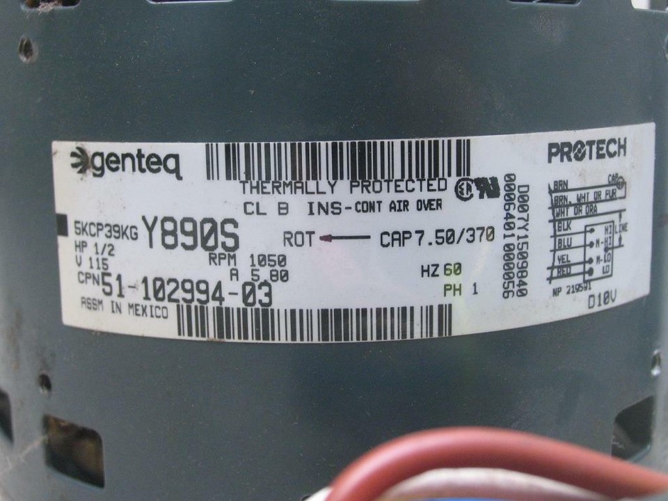 Genteq Motors 5KCP39KGY890S Furnace Blower Motor 1/2HP 115V 1050RPM 51 ...