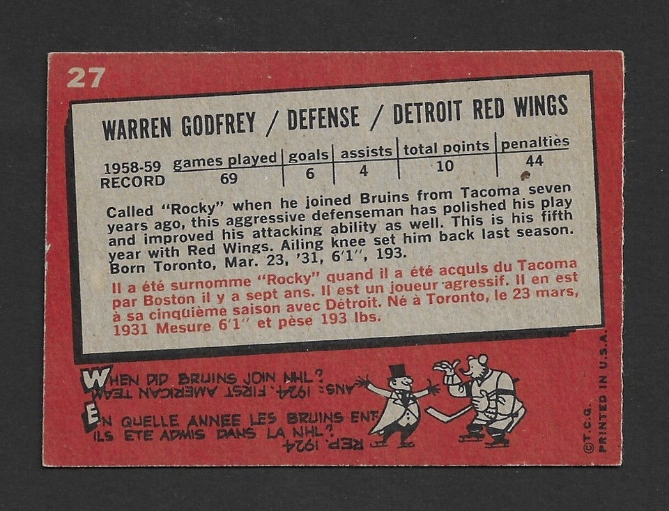 1959-60 Topps Hockey NHL #27 Warren GODFREY Detroit Red Wings. SET ...