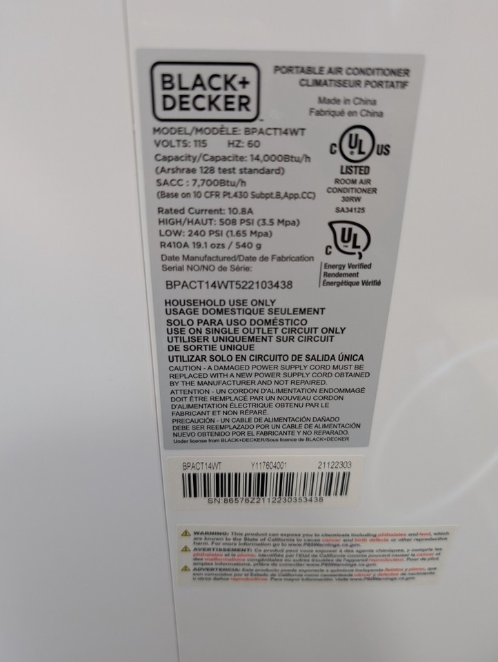 Black+Decker BPACT14WT Portable AC 14,000 BTU / 7700 BTU SACC | eBay