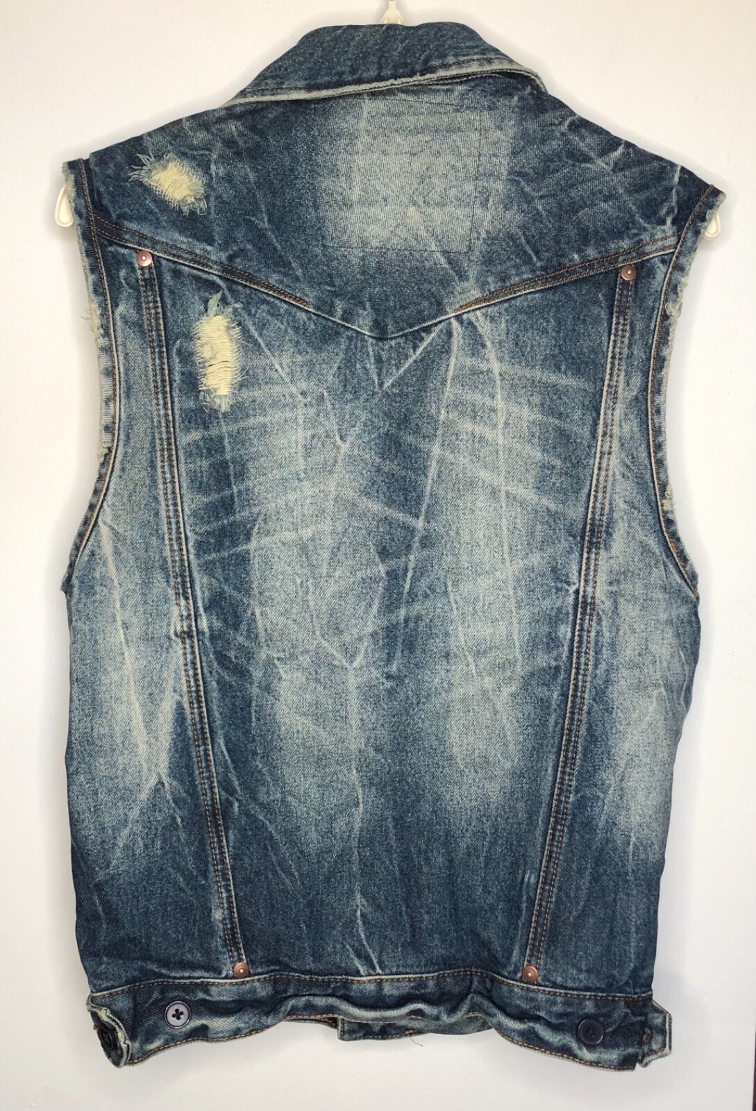 AKOO BRAND Mens Denim Vest Size Small Distressed Jean Camo Pocket 100% ...