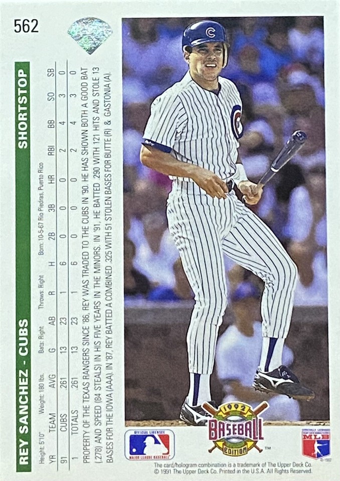 1992 Upper Deck #562 Rey Sanchez Rookie Chicago Cubs Baseball Card | eBay