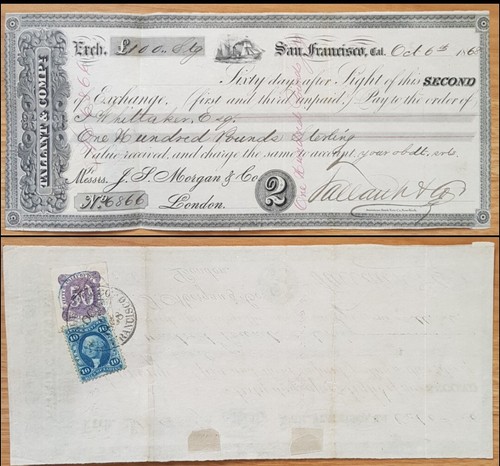 1868 Tallant & Co. Bank Check/cheque San Francisco JS Morgan+California ...