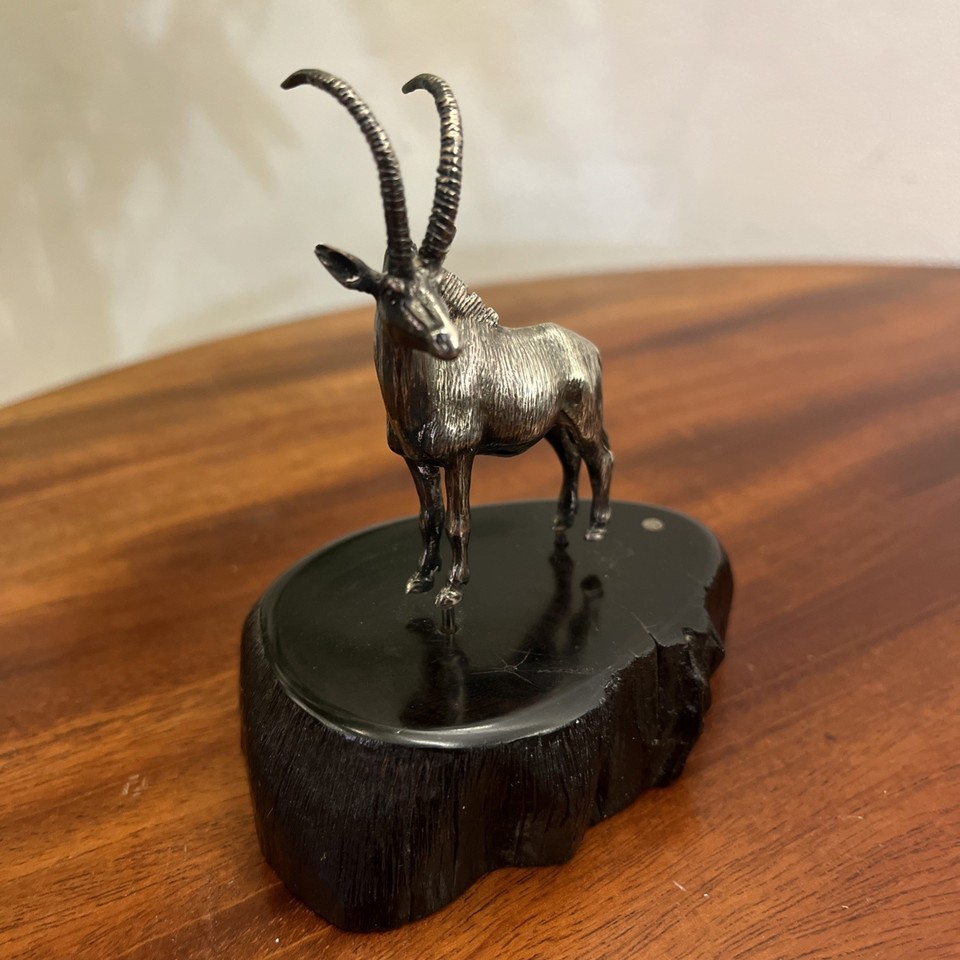 Patrick Mavros Solid Sterling Silver Sable Antelope on dark wood base ...