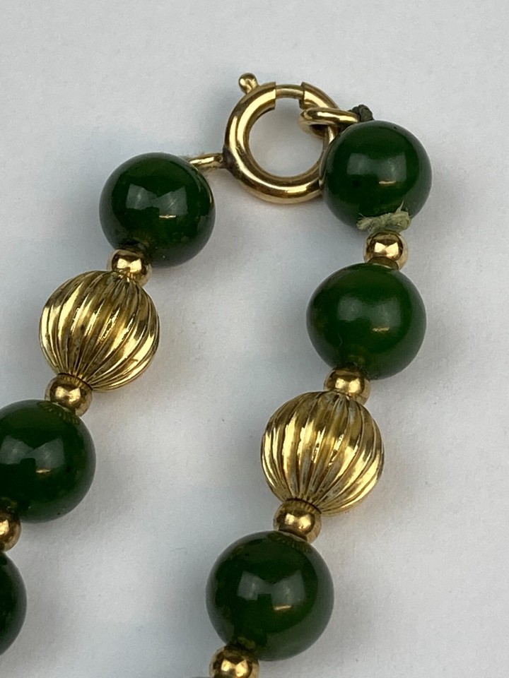 Jade Nephrite Bead Necklace 14" 1/20 12ct Gold Clasp & Gold ...