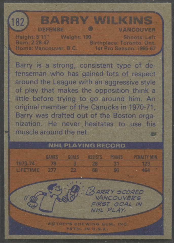 1974-75 Topps #182 Barry Wilkins Vancouver Canucks | eBay
