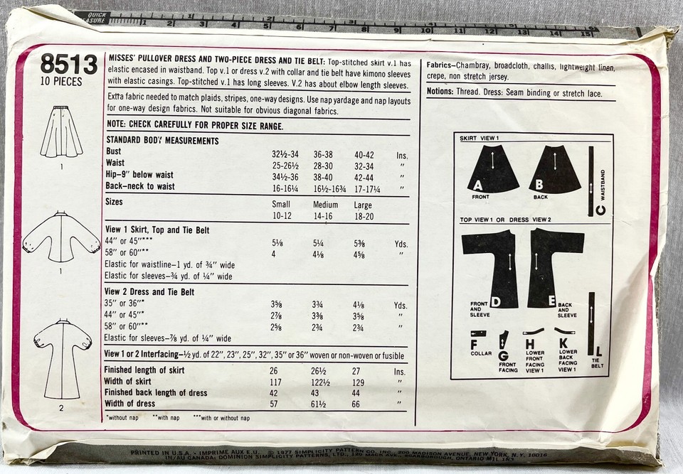 1977 Simplicity Sewing Pattern 8513 Womens Pullover & 2-Pc Dress Sz 14 ...
