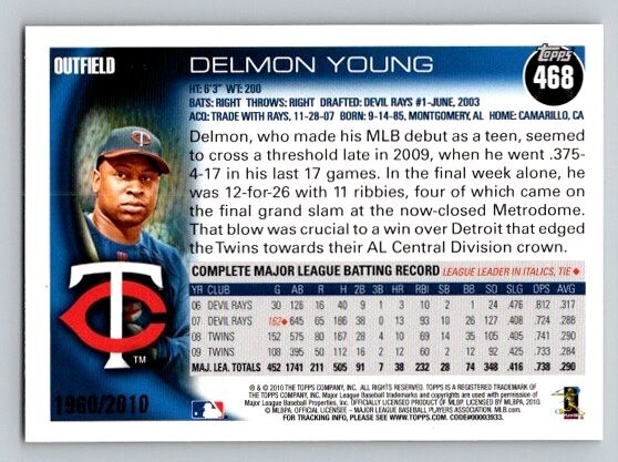 2010 Topps Gold Border Delmon Young 1960/2010 #468 Minnesota Twins | eBay